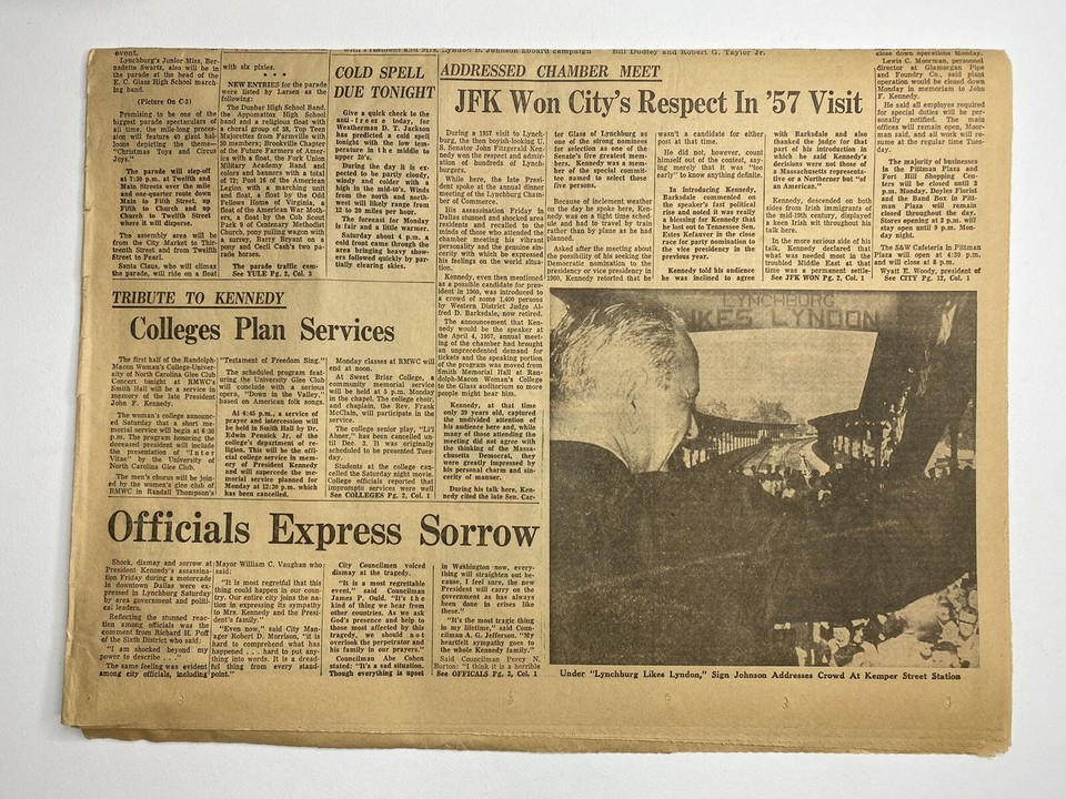 JFK Kennedy Mourning November 24 1963 Vintage Newspaper Lynchburg VA ...