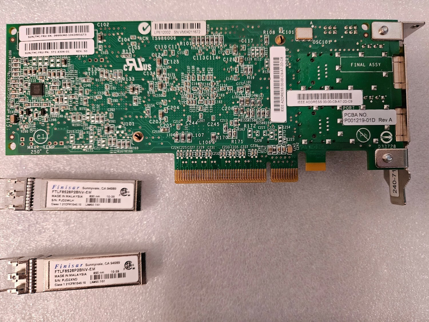 SUN Oracle 371-4306-01 LPE12002 PCI Express Card w/ 2x FTLF8528P2BNV-EM ...