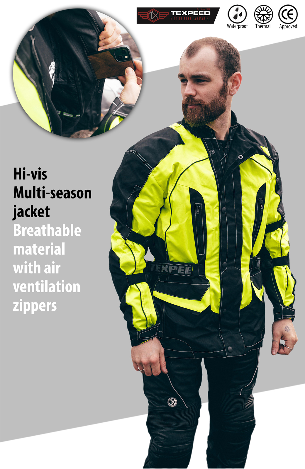 Motorbike Jacket Hi Vis Black Waterproof Motorcycle Thermal Biker CE ...