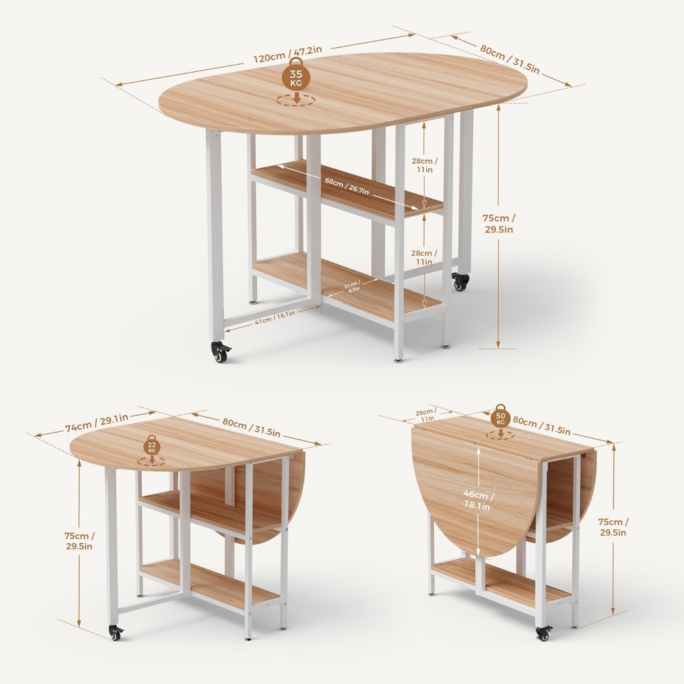 Mondeer Mobile Folding Dining Table with 2 Open Storage Shelves Dining ...