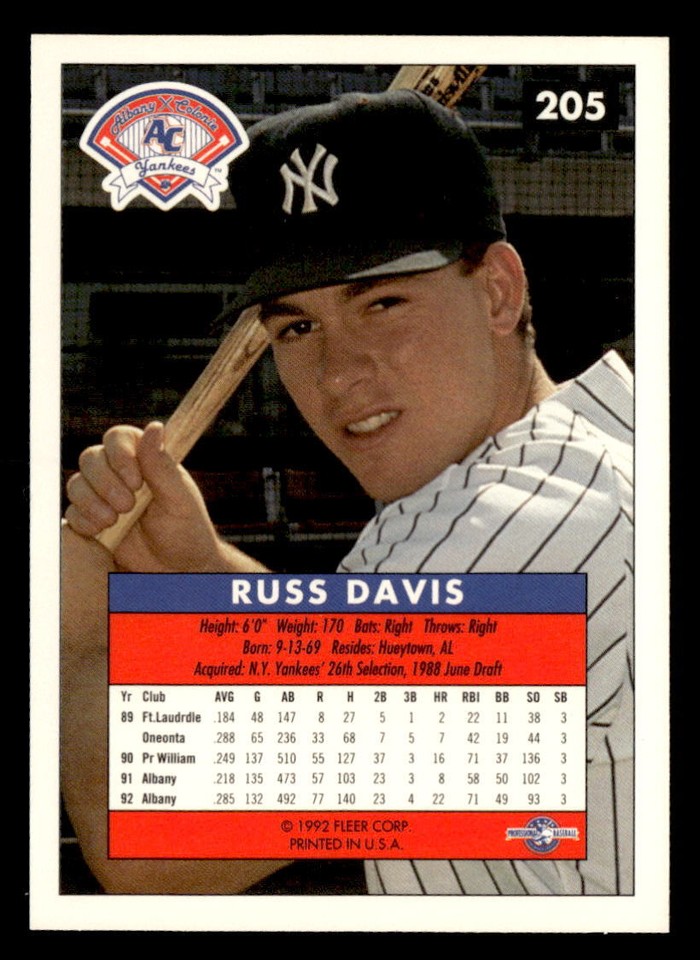 Russ Davis 1992 Fleer Excel Card #205 Albany-Colonie Yankees | eBay