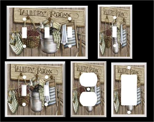 LAUNDRY ROOM WASH BOARD CLOTHES PINS BASKET HOME DECOR LIGHT SWITCH ...