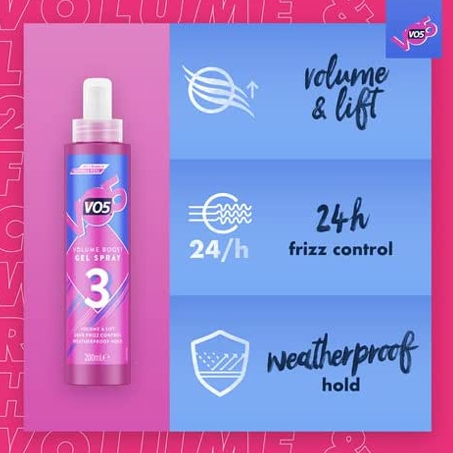 VO5 Volume Boost Gel Spray for Fine Hair,24hr Anti-Frizz Control,200ml ...