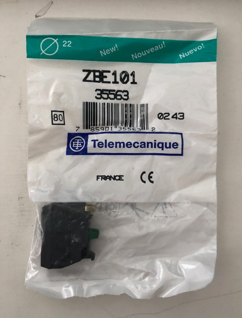 SCHNEIDER ELECTRIC ZBE101 Contact Block: 22 mm, 1 N/O, 10A @ 600V AC ...
