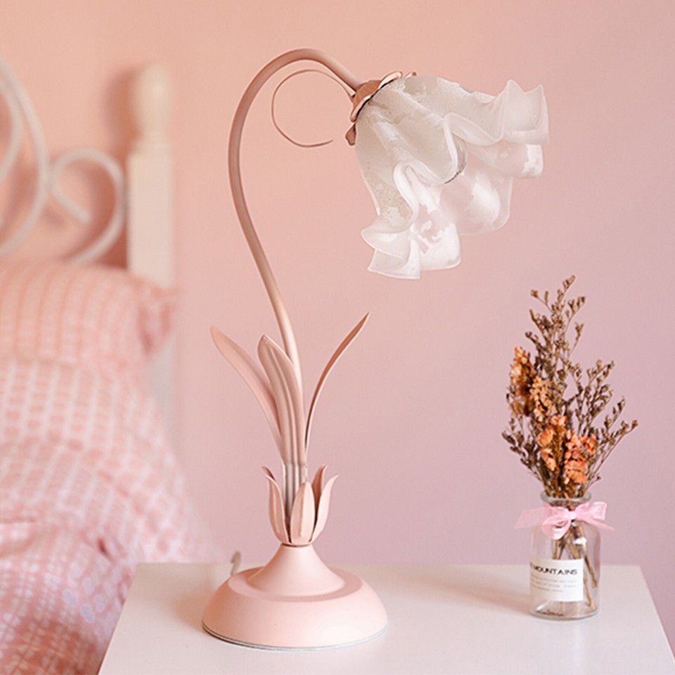 Pink Flower Desk Light LED Table Lamp w/ Glass Lampshade for Bedroom ...