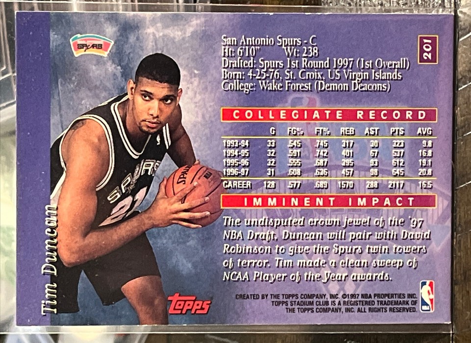 TIM DUNCAN SPURS 1997-98 TOPPS STADIUM CLUB #201 NBA DRAFT ROOKIE CARD ...