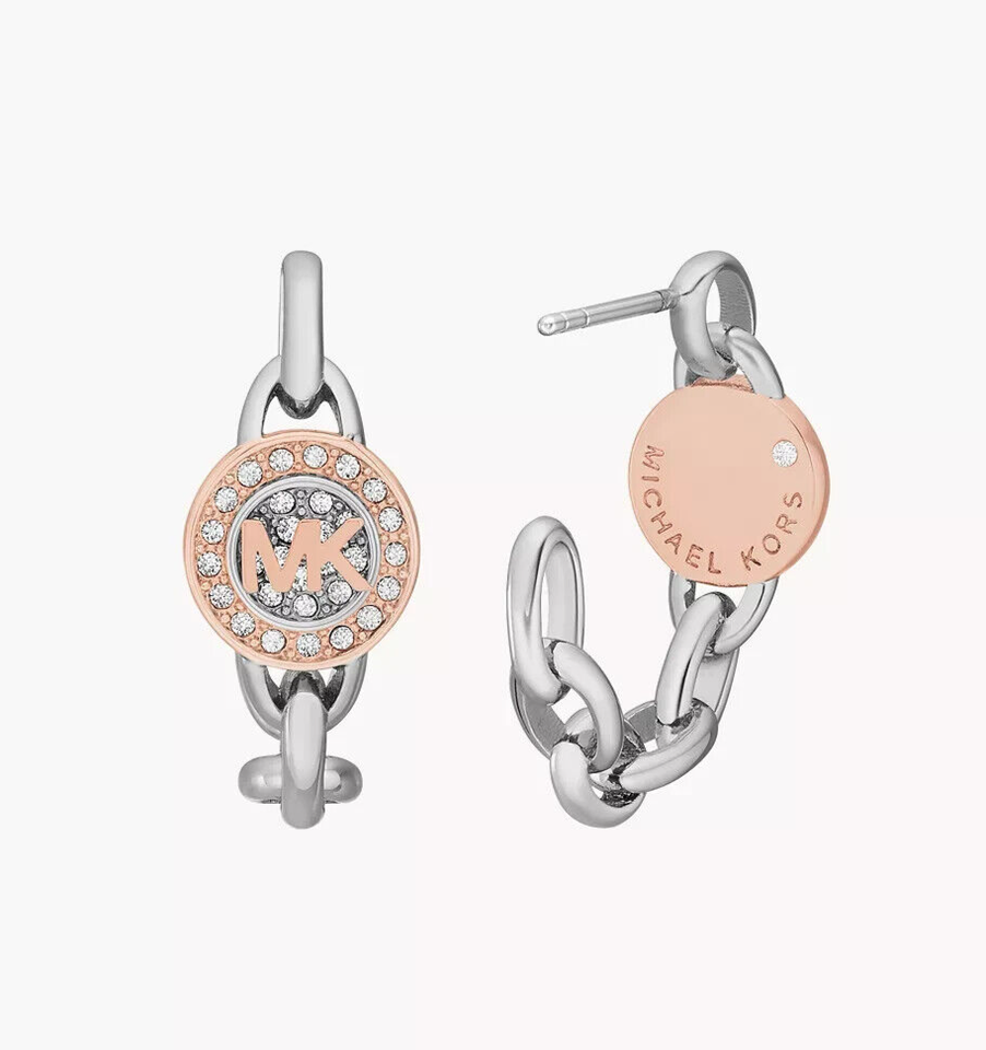 MICHAEL KORS 2 TONE SILVER,ROSE GOLD,CRYSTALS MK LOGO HOOPS EARRINGS ...