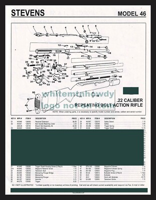 1999 STEVENS Model 46 Repeating Bolt-Action Rifle Schematic Parts List ...