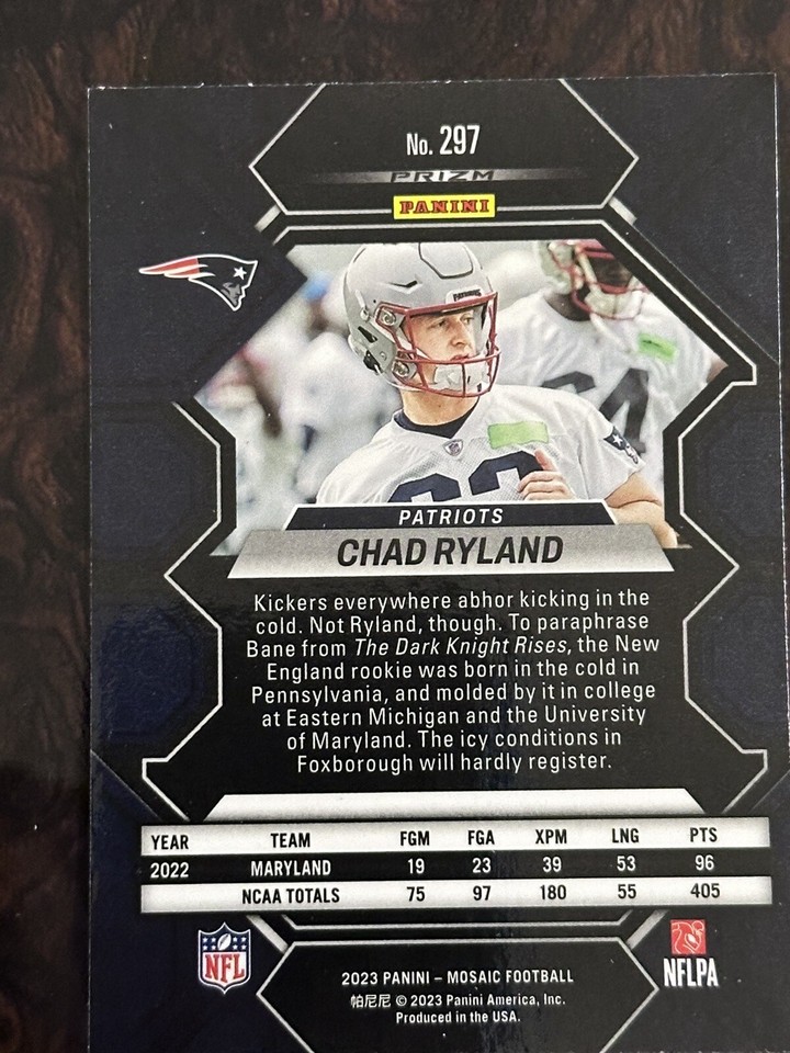 2023 Panini Mosaic Chad Ryland Rookie Base Card (RC) #297 New England ...