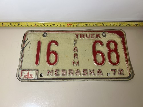 Nebraska Farm Truck License Plate # 16 68 (1975), Red, Yellow, Sticker ...