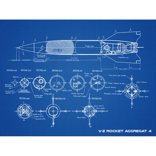 V-2 Rocket Aggregat 4 Ballistic Missile Blueprint Plan Canvas Wall Art ...