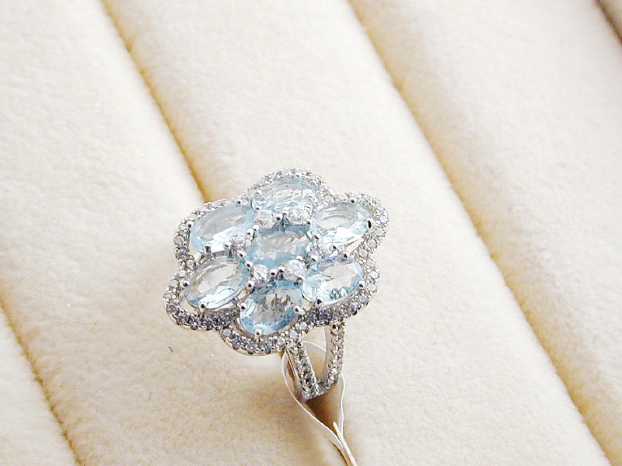 JTV Sterling 7 Oval Aquamarine White Zircon Cocktail Ring 6 New In Box ...