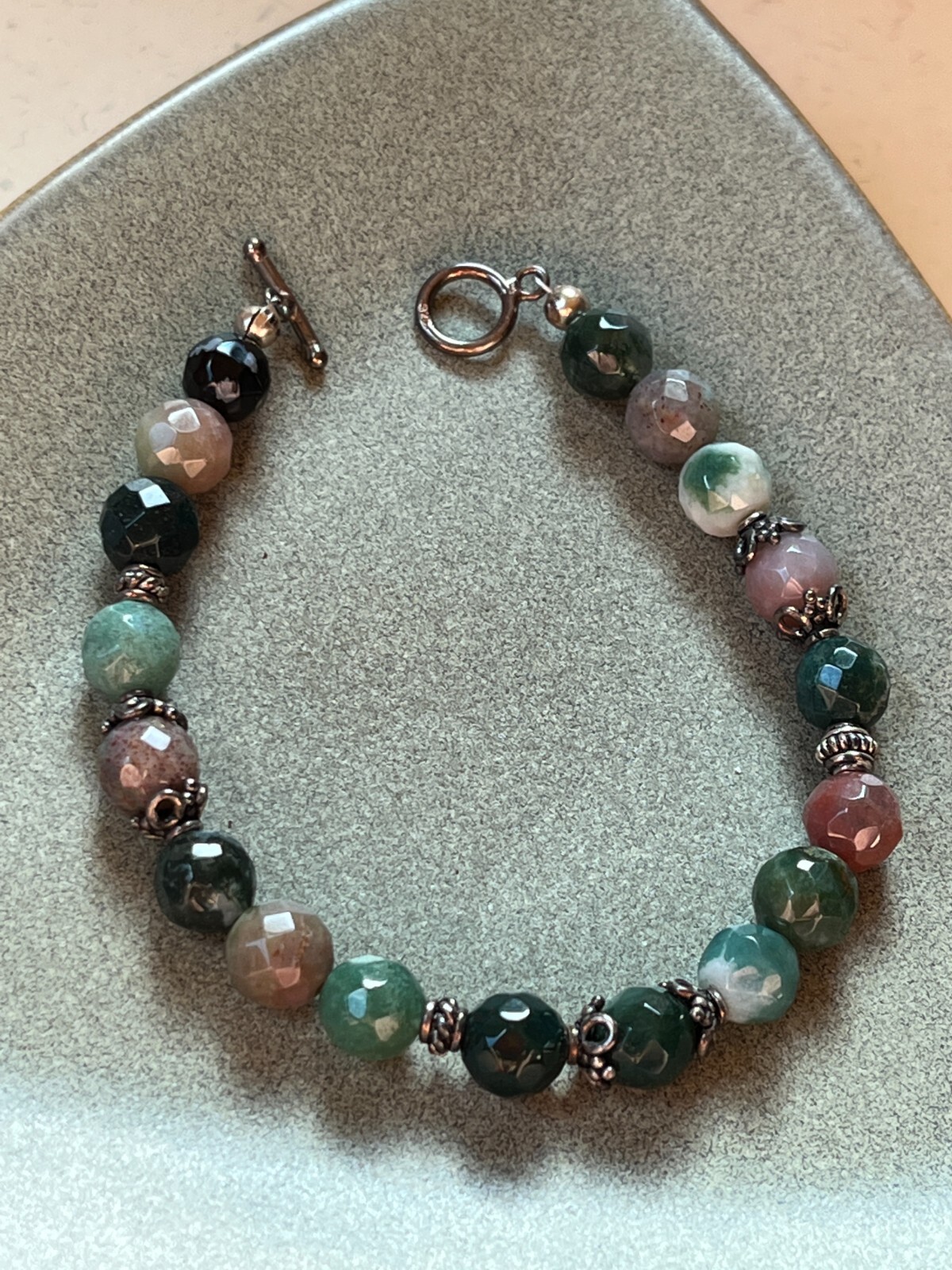 Shades of Green & Rust Faceted Round Stone Bead Bracelet – 7 inches ...