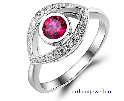 1.28CT Round Cut Real Red Ruby Eye Shape Engagement Ring 14K White Gold ...