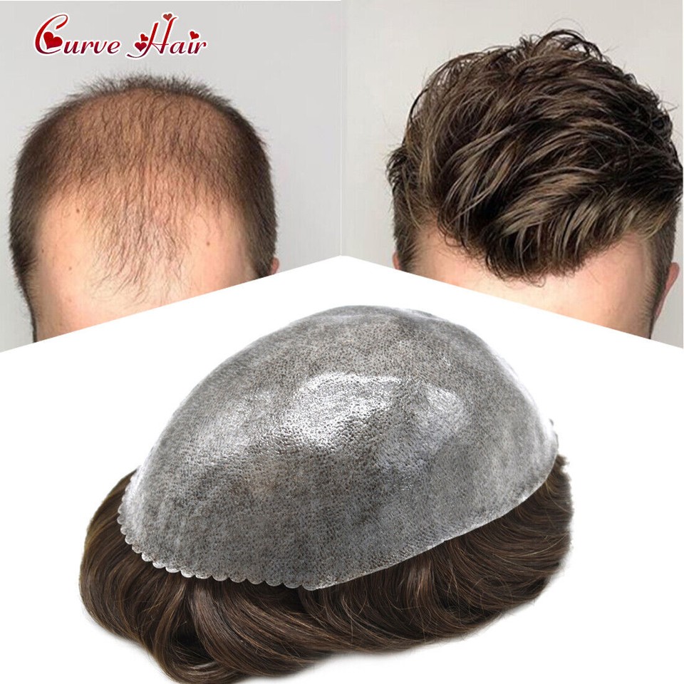 Mens Toupee Human Hair Units Thin Skin Hair System Full Poly PU Hair ...