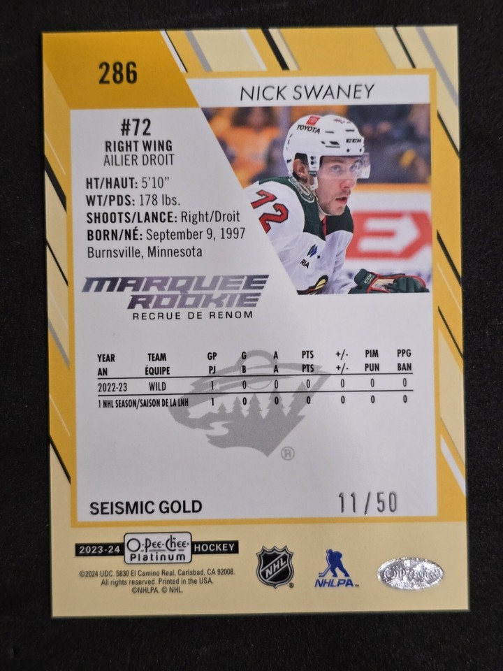 2023-24 O-Pee-Chee Platinum Marquee Rookie Seismic Gold Nick Swaney /50 ...