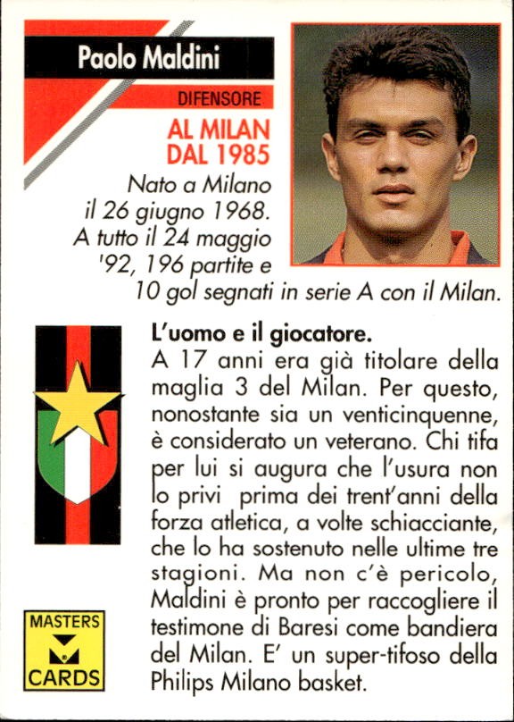 card Masters Cards Milan 1992 # 7 Paolo Maldini | eBay