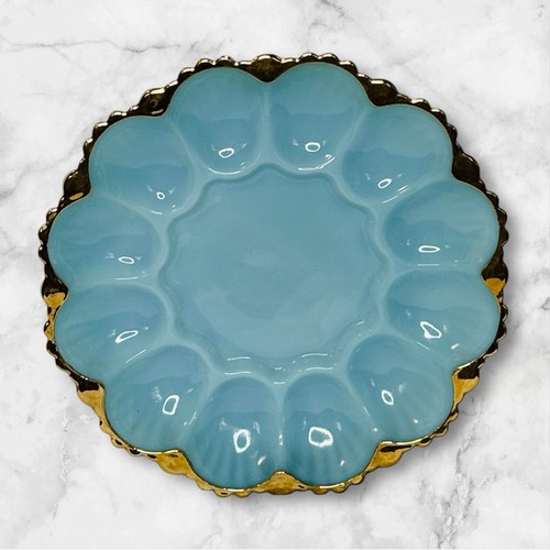 Vintage Fire King Delphite Blue Deviled Egg Plate Gold, Trim, Scallop ...