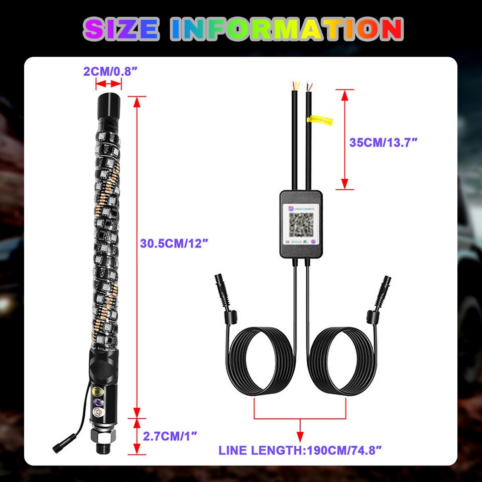 2x 1ft RGB LED Whip Spiral Lights Antenna 120 LED for ATV UTV Can ...