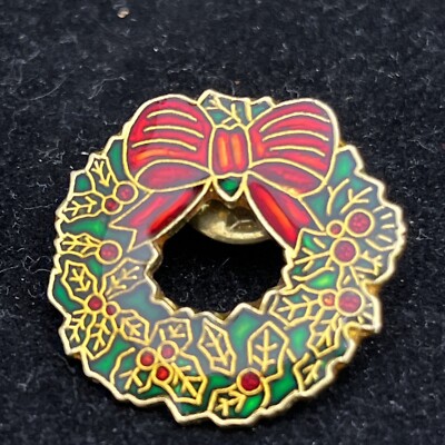 Vintage Christmas Wreath Brooch Lapel Pin Green W/ Red Bow & Berries ...