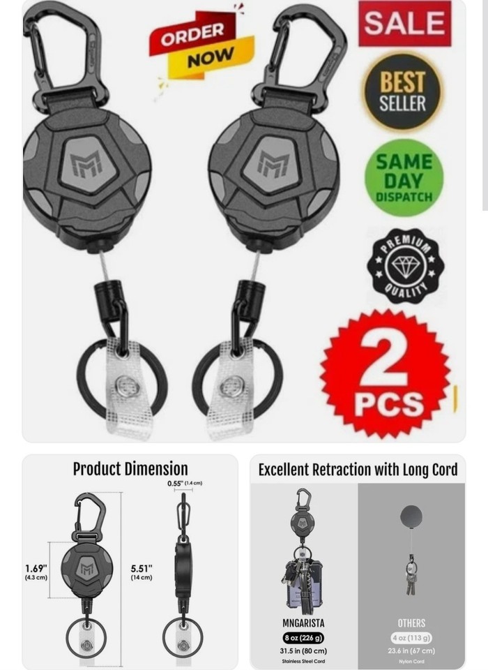 2x Heavy Duty Retractable Keyring Pull Key Chain Clip Recoil Holder ...