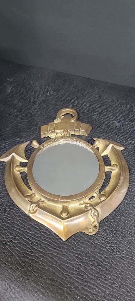 Vintage Brass Wall Mirror Nautical Ship Wheel Anchor Metal Art Beach ...