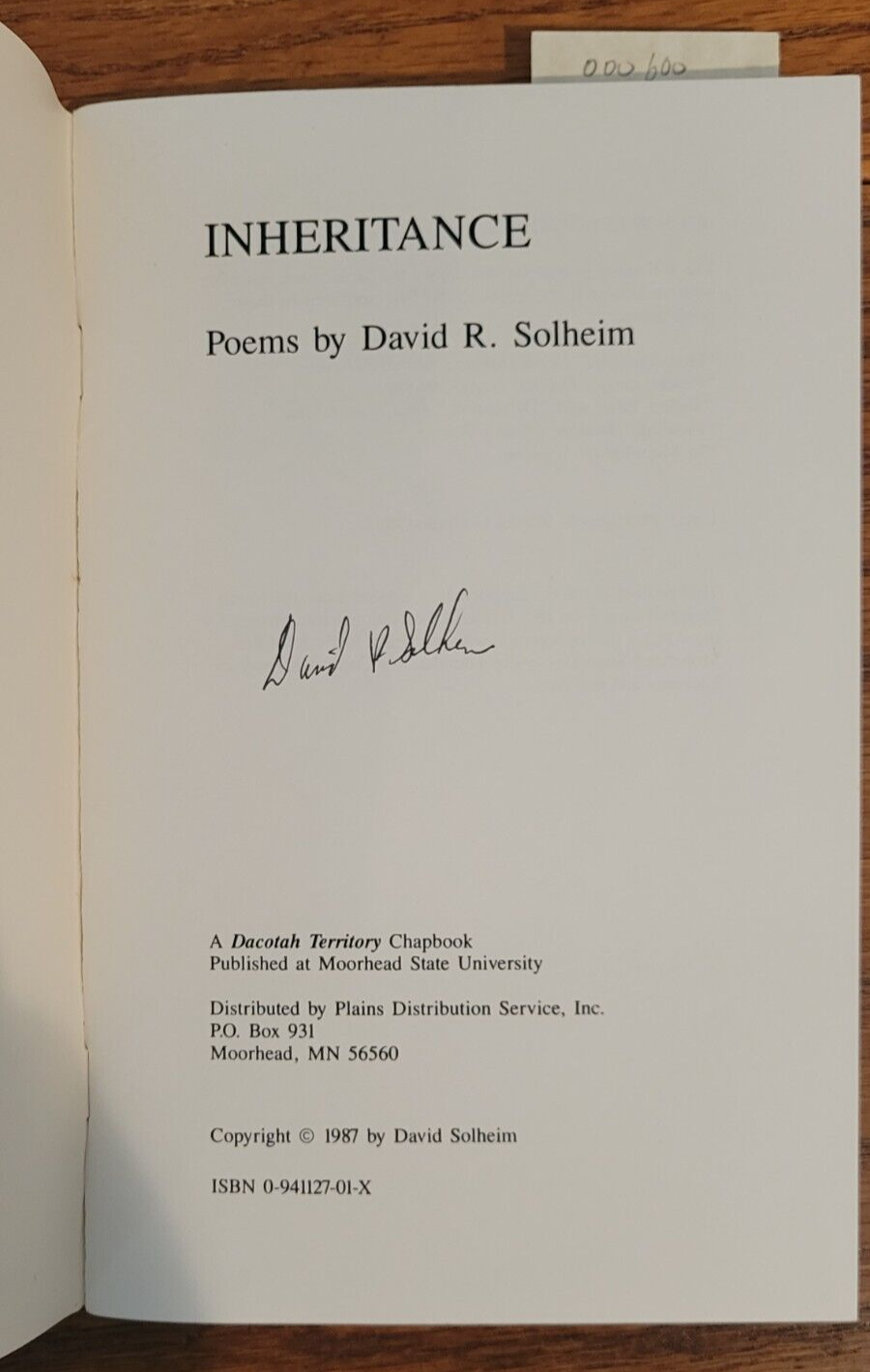 1987 David Solheim [SIGNED BY AUTHOR] Inheritance - Poetry collection ...