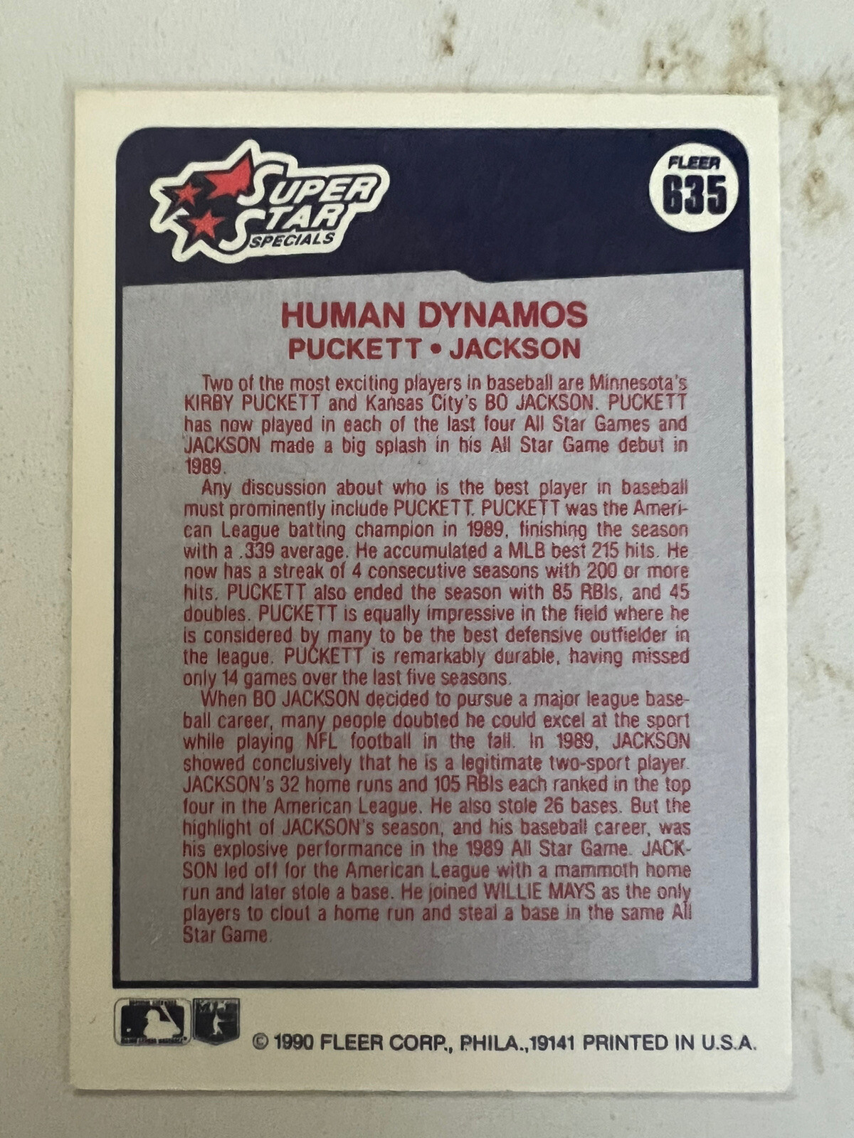 Bo Jackson Kirby Puckett(HOF) 1990 Fleer Human Dynamos #635 | eBay