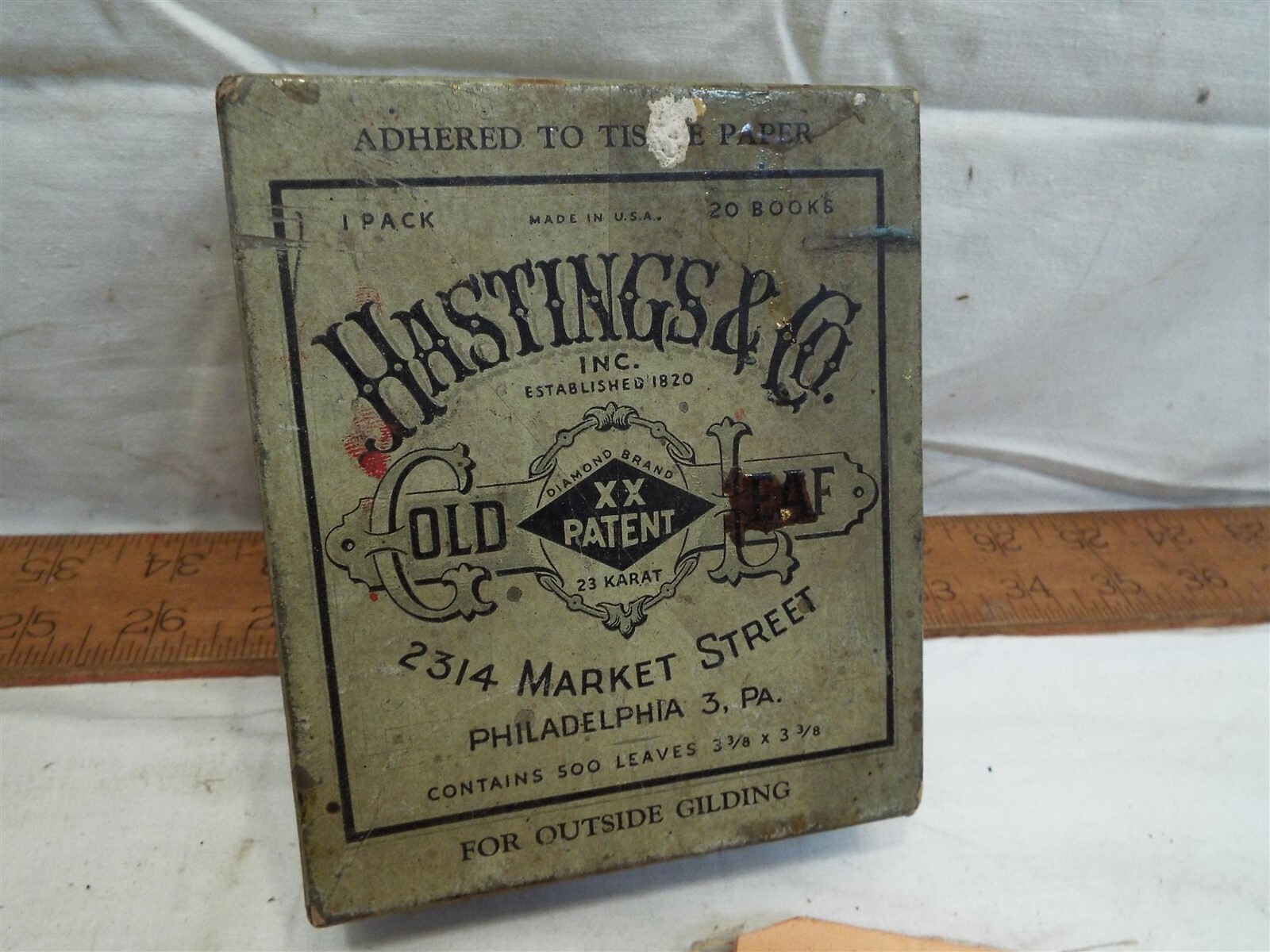 Antique Hastings XX 23K Gold Leaf Box with some Sheets & Silver ...