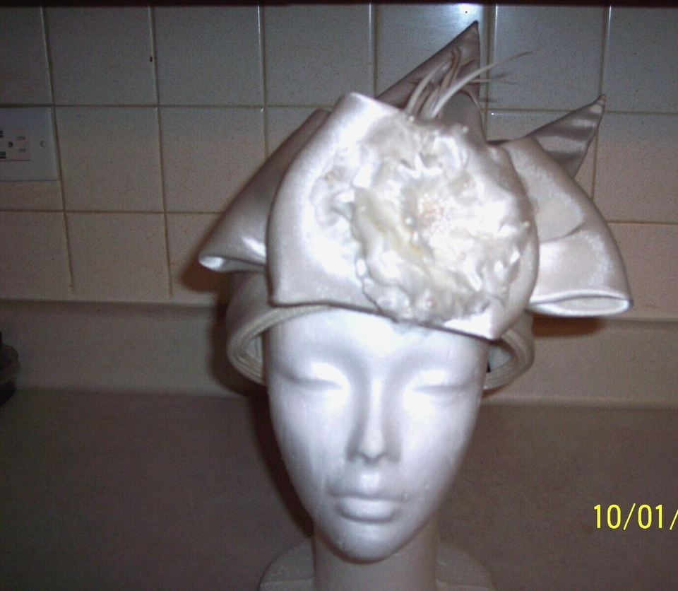 Whittall & Shon White Polyurethane Hat with Large White Bow and Rose 22 ...