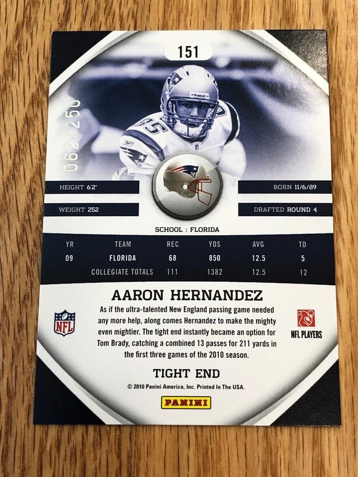 Aaron Hernandez 2010 Panini Gridiron Gear SILVER X Rookie Card #151 - # ...