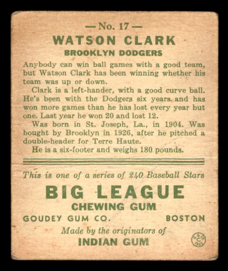 1933 Goudey Baseball #17 Watson Clark PR | eBay