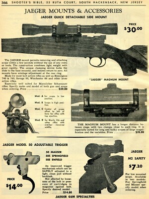 1963 Print Ad of Jaeger Rifle Scope Side Mounts, M2 Safety, Model 50 ...
