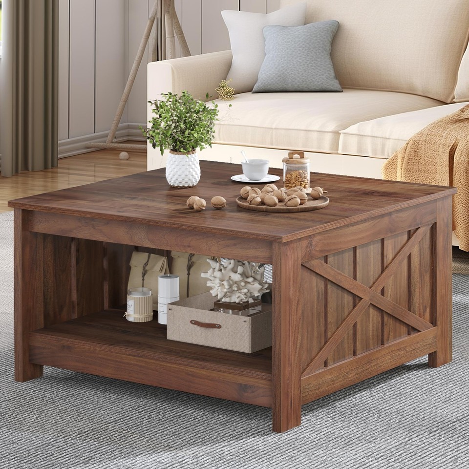 Square Coffee Table with 2-Tier Storage Farmhouse Cocktail Table for ...