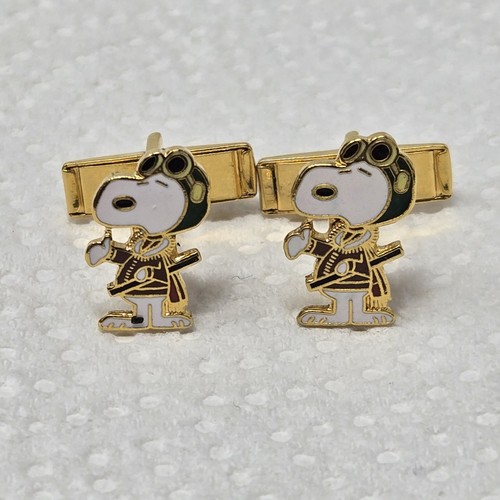 VTG SNOOPY Cufflinks Tie Clip Enameled Flying Ace Red Baron Peanuts ...