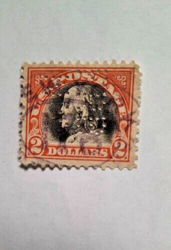 US Stamp #523 1918 $2 Franklin Used "FRB NY" Perfin Black w/orange red ...