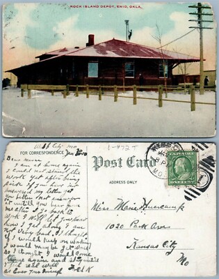 ENID OK ROCK ISLAND RAILROAD DEPOT 1910 ANTIQUE POSTCARD RAILWAY ...