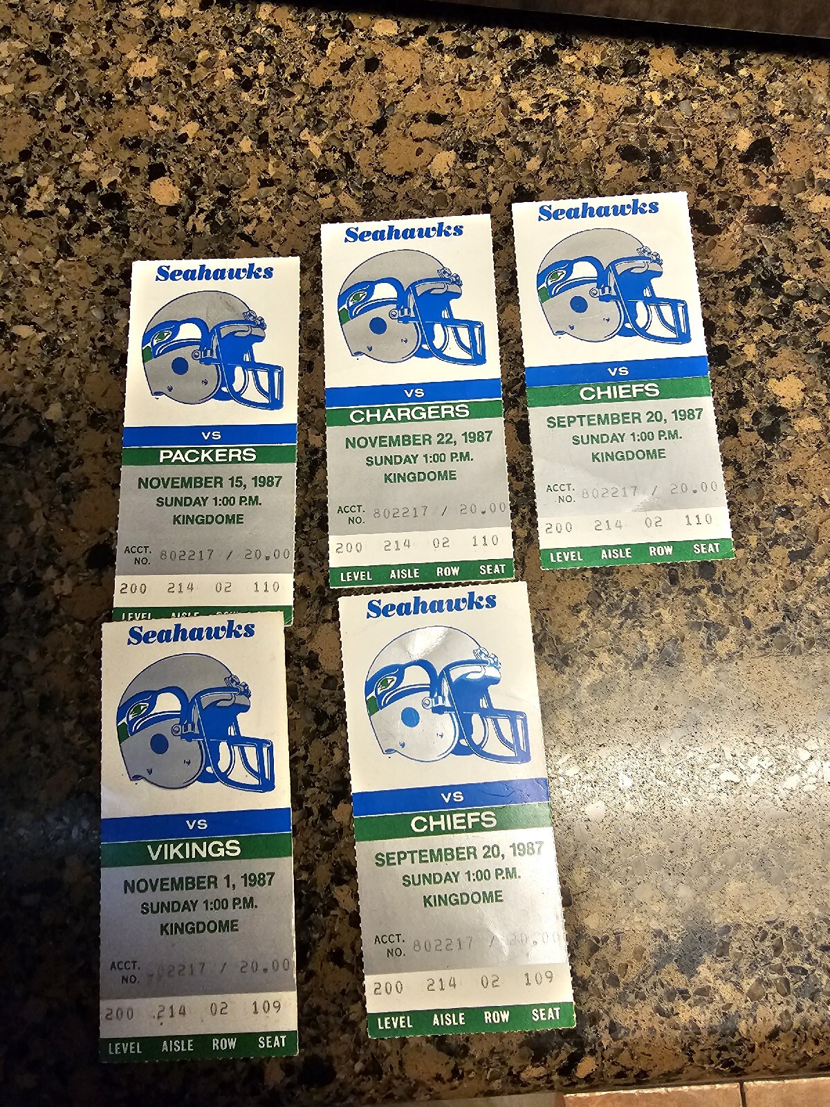Seattle Ticket Stub 1 1987 Seahawks set of 5 Nov September packers ...