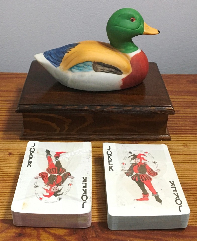 VINTAGE MALLARD DUCK WOODEN BOX CARD HOLDER TWO DECKS OF CARDS UNOPENED ...