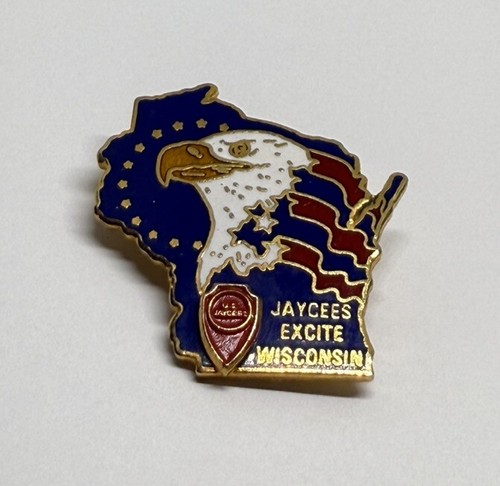 Vtg US Jaycees Excite Wisconsin State Map Eagle Flag Patriotic Lapel ...