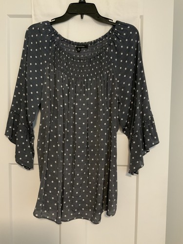 C and Rachel Gray with White Polka Dots Ladies Blouse with Bell Sleeves ...