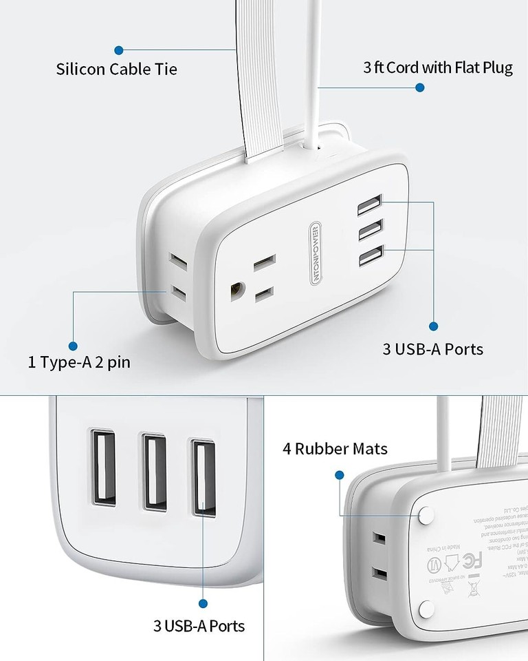 Travel Flat Plug Power Strip 2 Outlets 3 USBA Ports 3FT Extension Cord Mountable | eBay