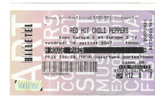 RARE / TICKET BILLET CONCERT - RED HOT CHILI PEPPERS : LIVE A PARIS ...