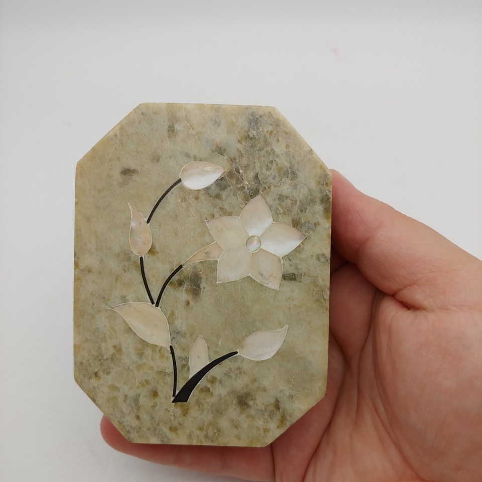 Hand Carved Stone Trinket Box - 4" Small Beige Shell Inlay Flower ...