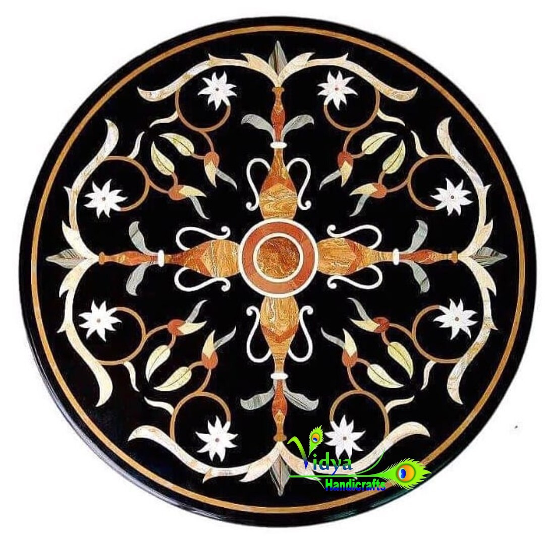 24" Black Marble Table Top Round Dining Multi Stone Floral Inlay ...