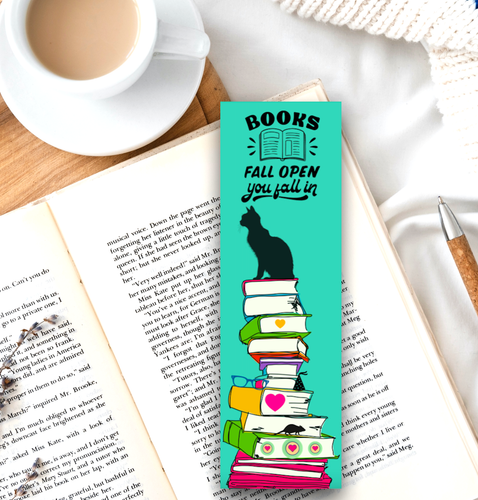 Cat Laminated Bookmark - 6x2 Whimsical Feline On Stack of Books, Reader ...