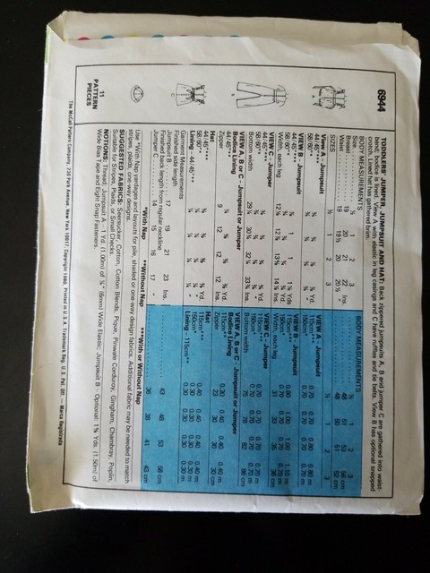 1980's UNCUT McCall's Sewing Pattern 6944 Toddlers Jumper Jumpsuit Hat ...
