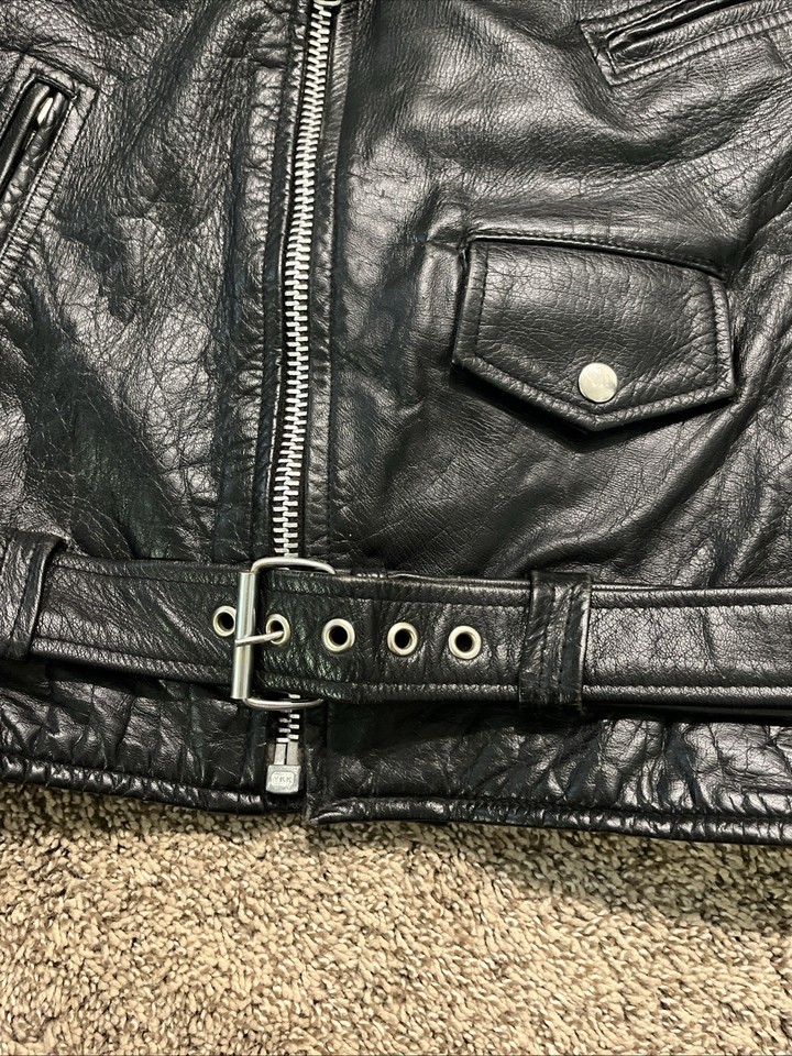 Vintage Leather Motorcycle Jacket Zippers Belt Laces Pockets | eBay