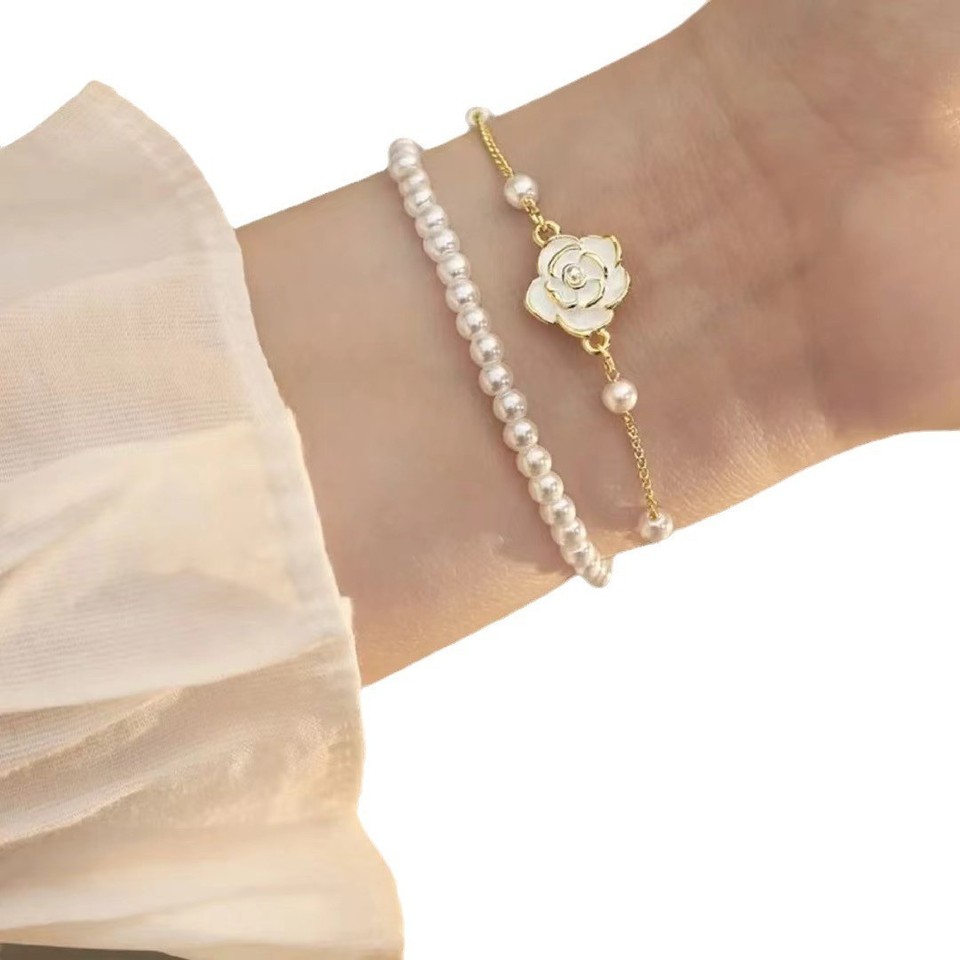 Stackable Gold Pearl Bracelet with Double Layer Camellia Design for ...