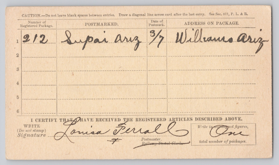 1913 Grand Canyon Arizona Registered Package Receipt Supai Coconino ...